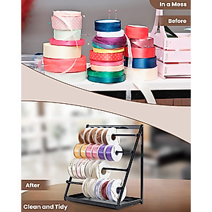 ZOMICE Ribbon Holder Organizer Rack with Storage Tray, 4 Tier Ribbon Spool Holder Stand,Metal Sewing Organizer Display Shelf for Craft Room,Cake Shop,Flower Store(On the Table & Wall Mounted)