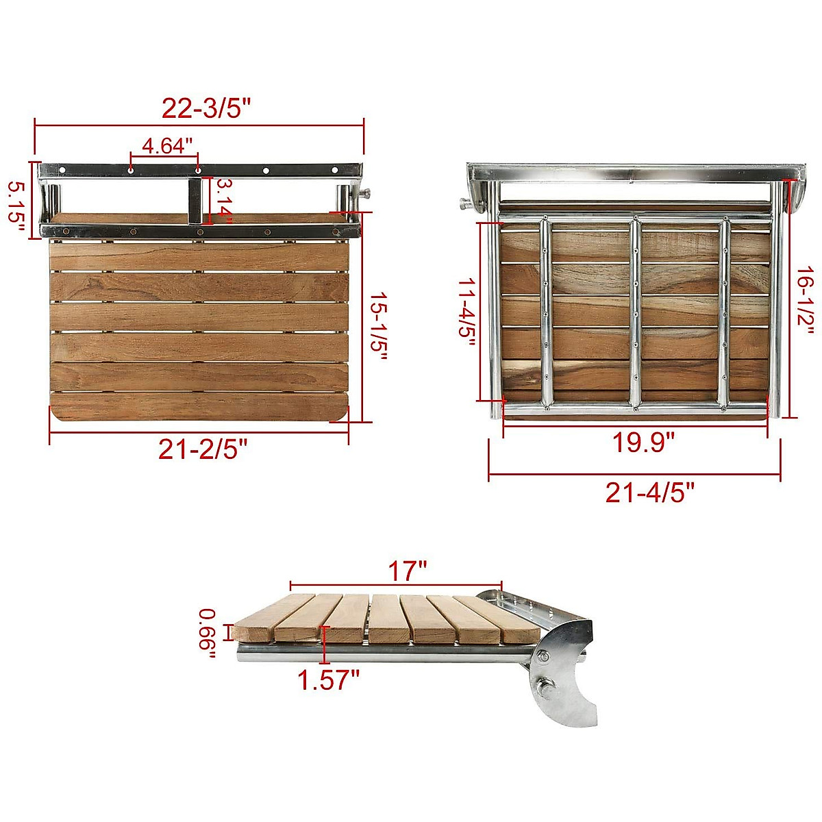Amarine-made Teak Folding Shower Seat - Wall Mounted - Solid Wood Fold Down Spa Bench (21-5/8"x15"x1.7")