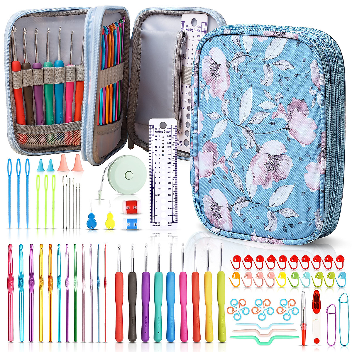 SHAXANO 86 Pcs Crochet Kit - 9 Ergonomic Soft Grip Crochet Hooks & 12 Aluminum Hooks for Beginners & Experienced Crafters, Includes 65 Crochet Accessories for Knitting & Crocheting