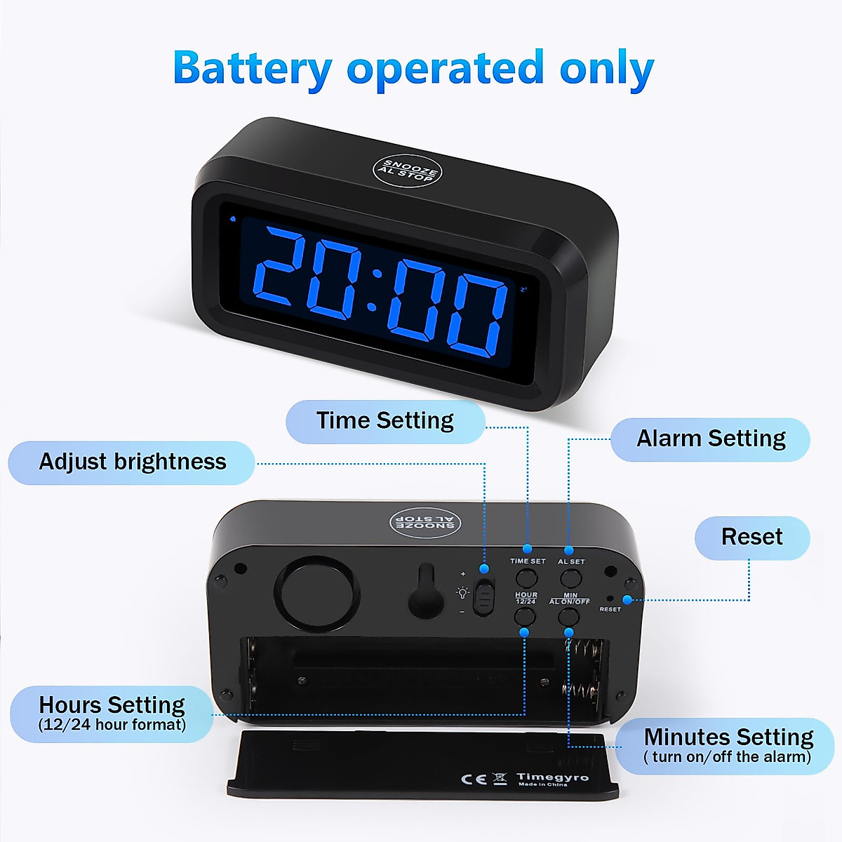 Timegyro Digital Alarm Clock Battery Operated with LED Display for Bedrooms, Long Battery Life, 3 Brightness Adjustable, 12/24 Hour, Snooze, Black Case with Blue Digits