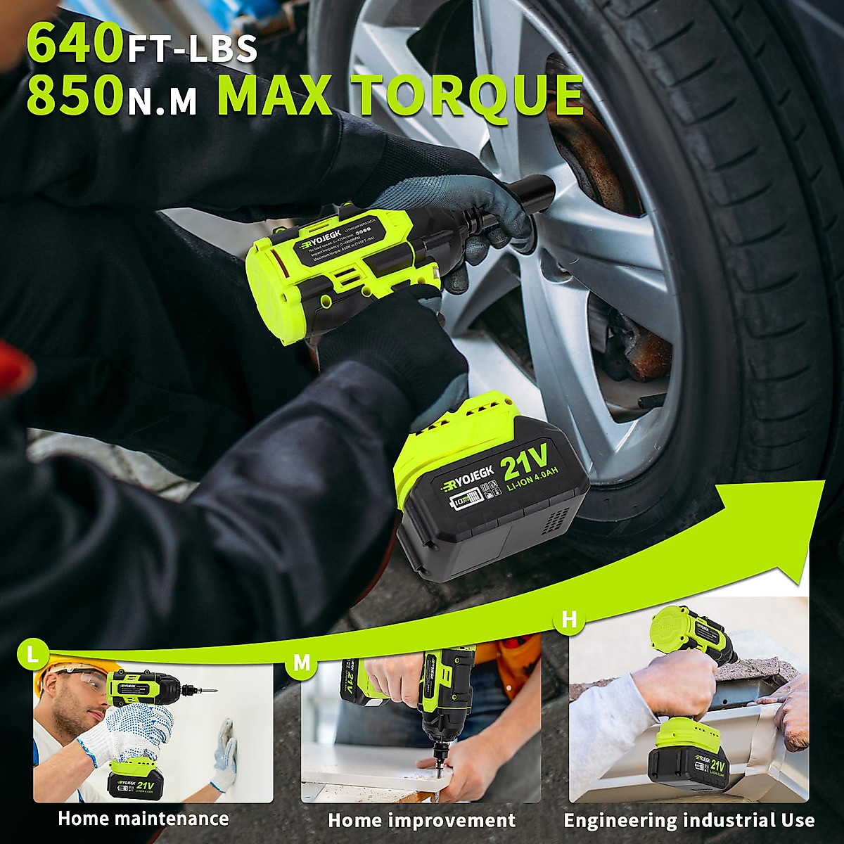 RYOJEGK 850N.m Cordless Impact Wrench Set, 1/2 inch 21V 640Ft-lbs Heavy Duty Impact Gun Kit, Brushless Llave De Impacto w/ 2 x 4.0Ah Battery, Pistola De Impacto for Home Car