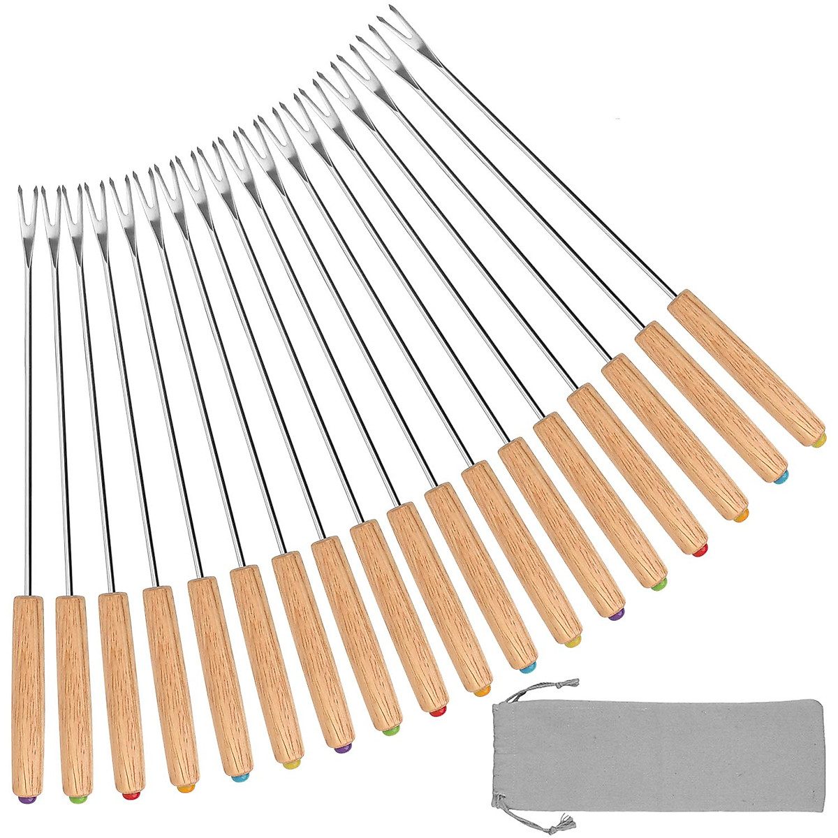 STYDDI Fondue Fork, 18Pcs Stainless Steel Color Coding Fondue Forks with Wooden Handle for Chocolate Fountain Cheese Fondue Roast Marshmallows, 9.5 Inch