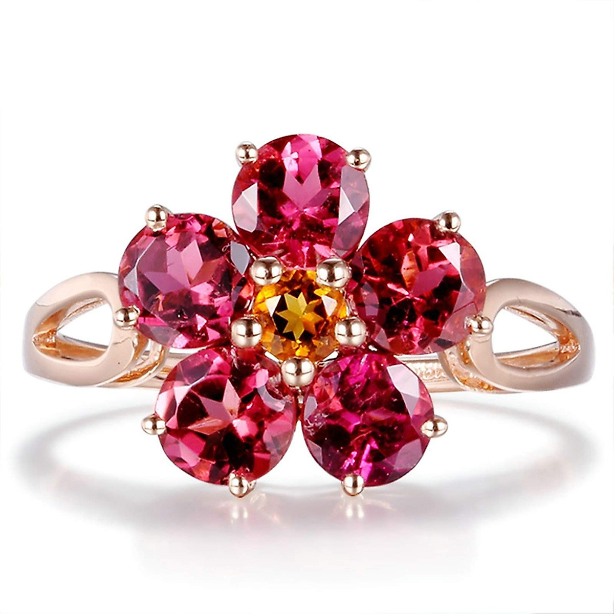 KnBoB Women Flowers Round Shape 2ct Tourmaline Ring 18K Rose Gold Promise Wedding Engagement Bridal Anniversary Ring Size 6.5