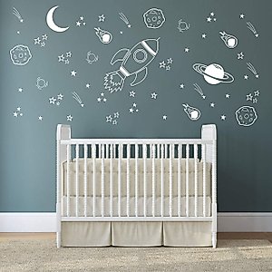 Space Wall Decal Nursery, Outer Space Decor, Rocket Decal, Boy Room Decor, Space Ship Decal, Space Themed Room, Planets Wall Decal for Baby Boys Nursery A37 (White)