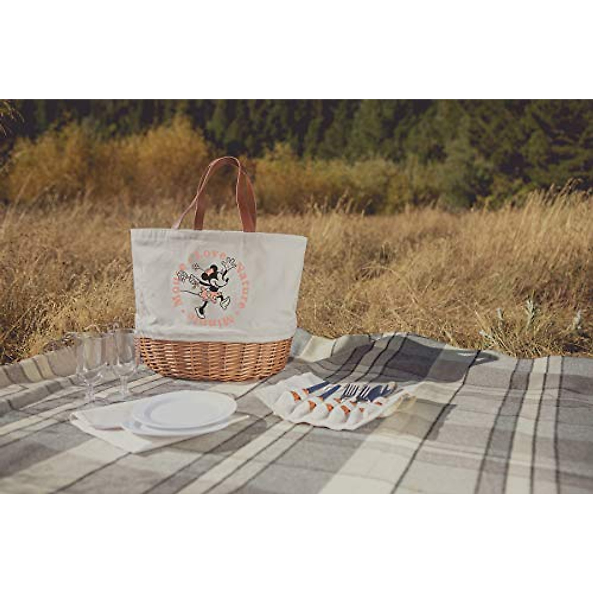 PICNIC TIME - Disney Minnie Mouse Promenade Picnic Basket for 2 - Picnic Set with Canvas Tote Bag, (Beige Canvas)