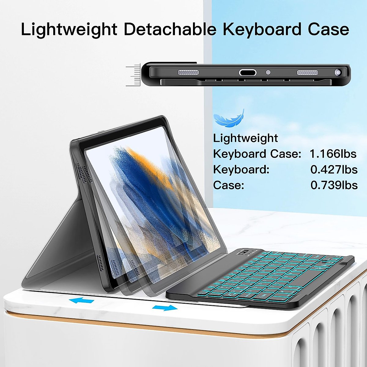 JUQITECH Backlit Keyboard Case for Samsung-Galaxy-Tab A8 10.5 2022 Smart Soft Case with Bluetooth Keyboard for Galaxy Tab A8 10.5" SM-X200/X205/X207 Detachable Wireless Keyboard Tablet Cover, Black