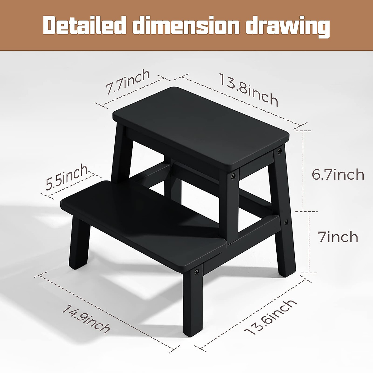 HOUCHICS Wooden Step Stool for Adults Kids, Solid Wood Bed Step Stool, Multi-Purpose 2-Step Stool for Kitchen, Bed, Bathroom with 260lb Load Capacity Black