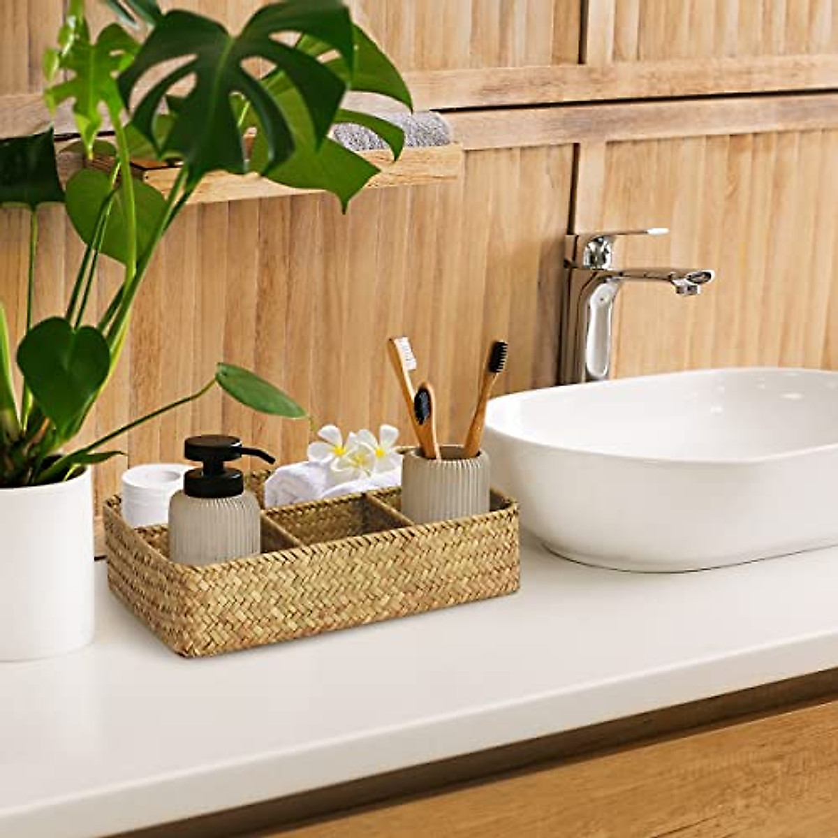 GZHOK Hand-Woven Storage Baskets,Wicker Rattan Divided Basket Organizer for Drawer,26x20xH6cm/10.2 * 7.9 * 2.4inch