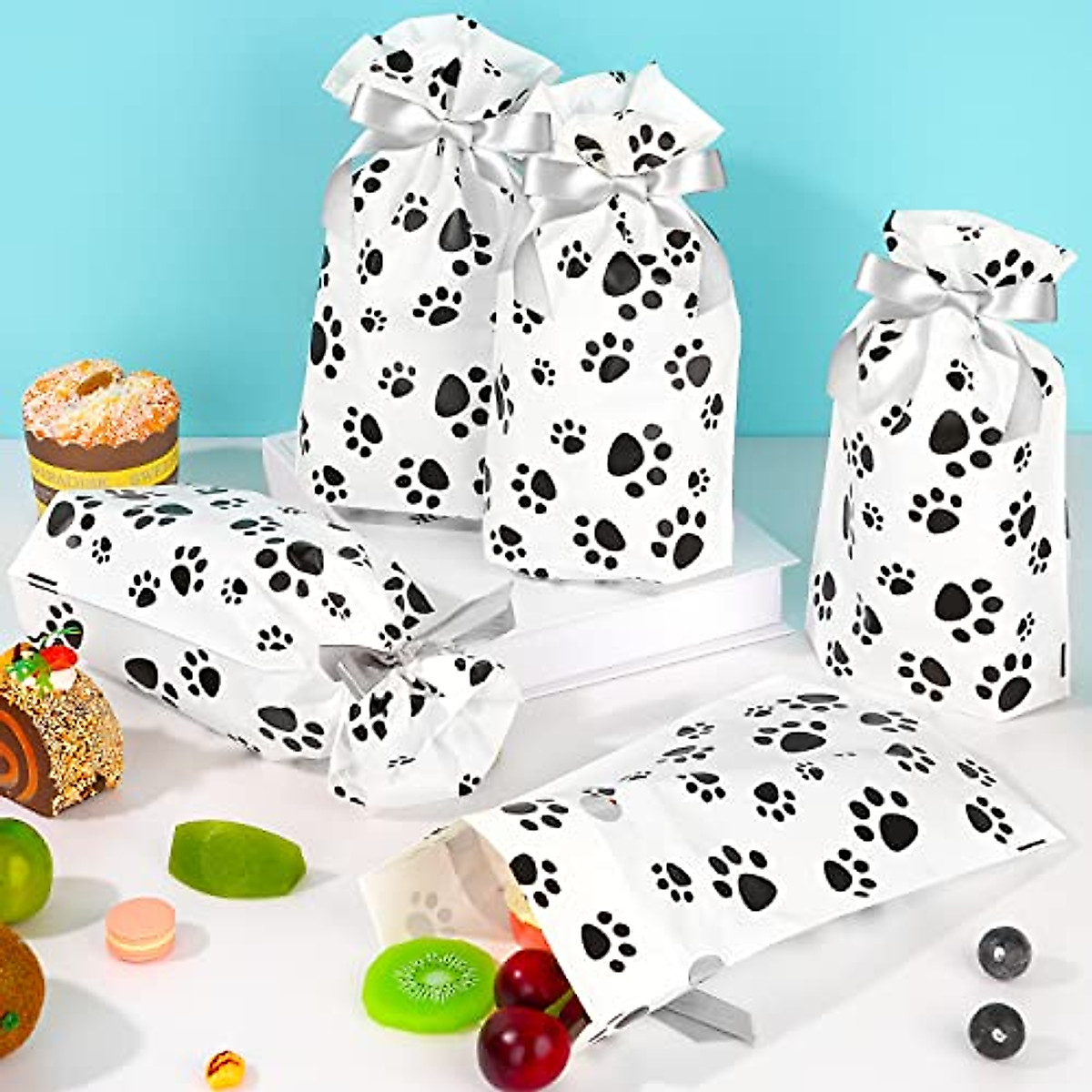 YIDAKO 50 Pieces Paw Print Goodie Bags, Plastic Dog Gift Bags With Drawstring, Treat Candy Bags For Dog Cat Theme Party Favors and Boys Girls Birthday Party Supplies Decorations, 9× 6 Inch
