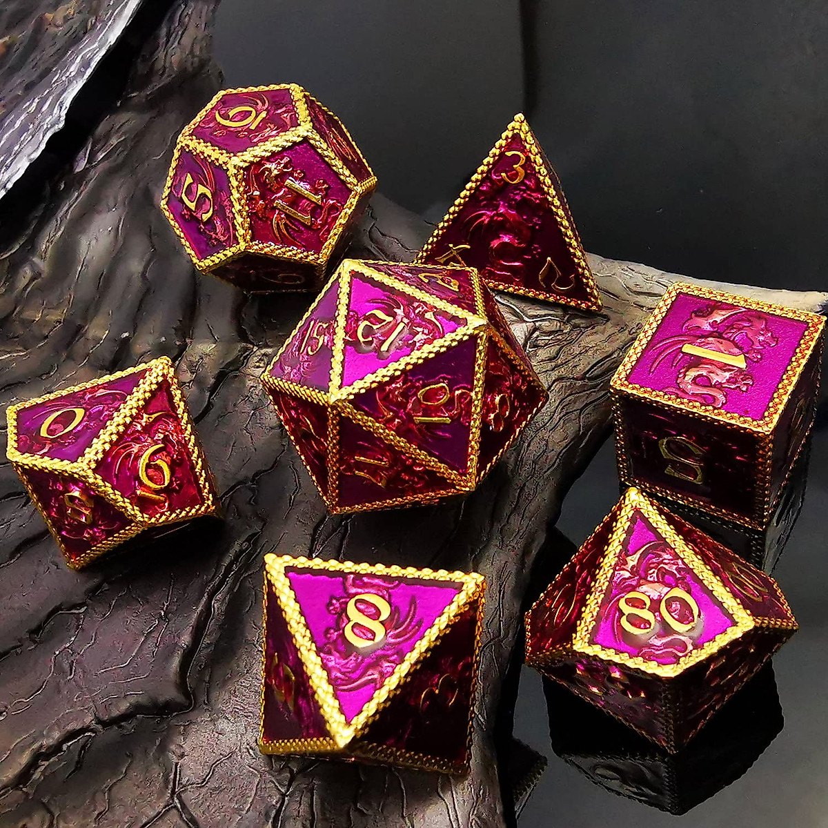 MJDICEOK Metal Dragon DND Dice Set 7 Role Playing Dice D&D Solid Dice Golden Purple