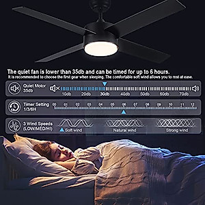 SNJ 52 inch Black Ceiling Fans with Lights and Remote, Low Profile, Modern, Ceiling Fan, Bedroom, Indoor, Outdoor, Home, Fandelier, LED, Dimmable, Tri-Color Temperature, Quiet Reversible, 1084…