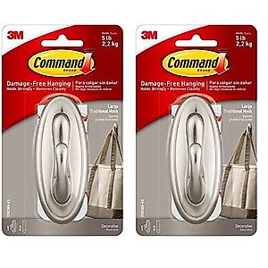 Command Large Traditional Plastic Hook, Brushed Nickel, 1-Hook, 2-Strips, Organize Damage-Free (Pack of 2)