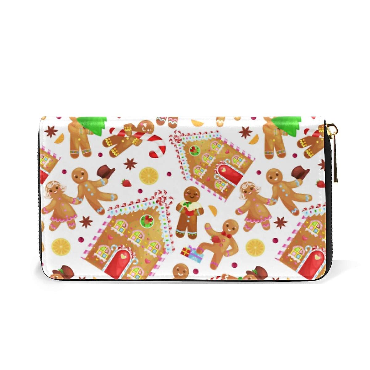 Christmas Cookies Gingerbread Man and Girl Near Sweet House Leather Long Wallet Organizer with Zipper Purse Clutch Bag for Women Men