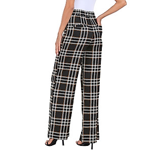 HDE Super High Waisted Wide Leg Pants Tailored Office Work Trousers with Pockets Fall Plaid - XL