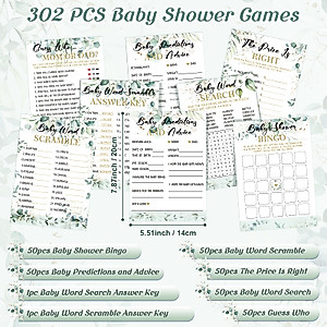 Kosiz 302 Pcs Greenery Eucalyptus Baby Shower Games 6 Games Activities Include Baby Shower Bingo, Word Scramble, Word Search, Baby Predictions and Advice, The Price is Right, Guess Who