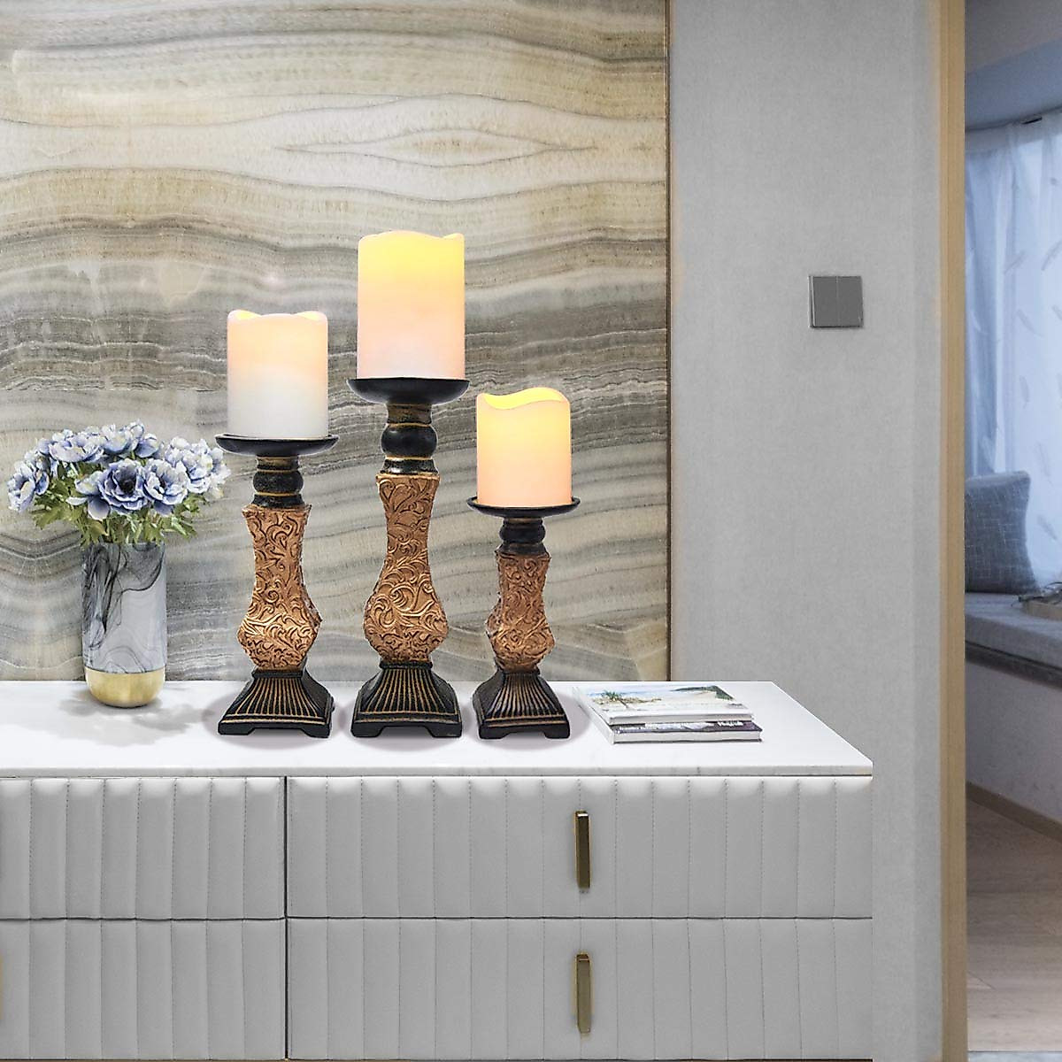 G-mart Set of 3 Gold Resin Pillar Candle Holders -12" H,10" H,8" H,Ideal for LED and Pillar Candles