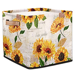 AUUXVA Vintage Sunflower Storage Basket for Closet, Yellow Floral Leaves Storage Bins with Handles, Foldable Storage Cube Boxes for Toys Shelves Pantry Nursery Organizing