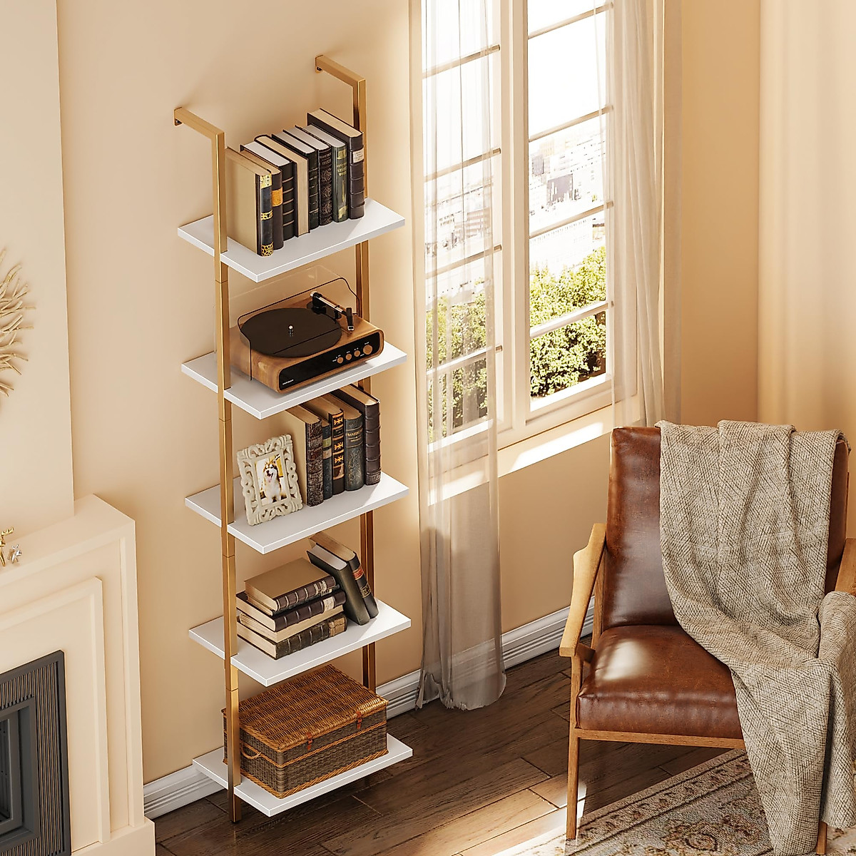 SUPERJARE 5-Tier Bookshelf, Narrow Book Shelf Set of 2, Open Wall-Mounted Ladder Shelf with Metal Frame, Display Bookcase for Home Office, Bedroom, White & Gold