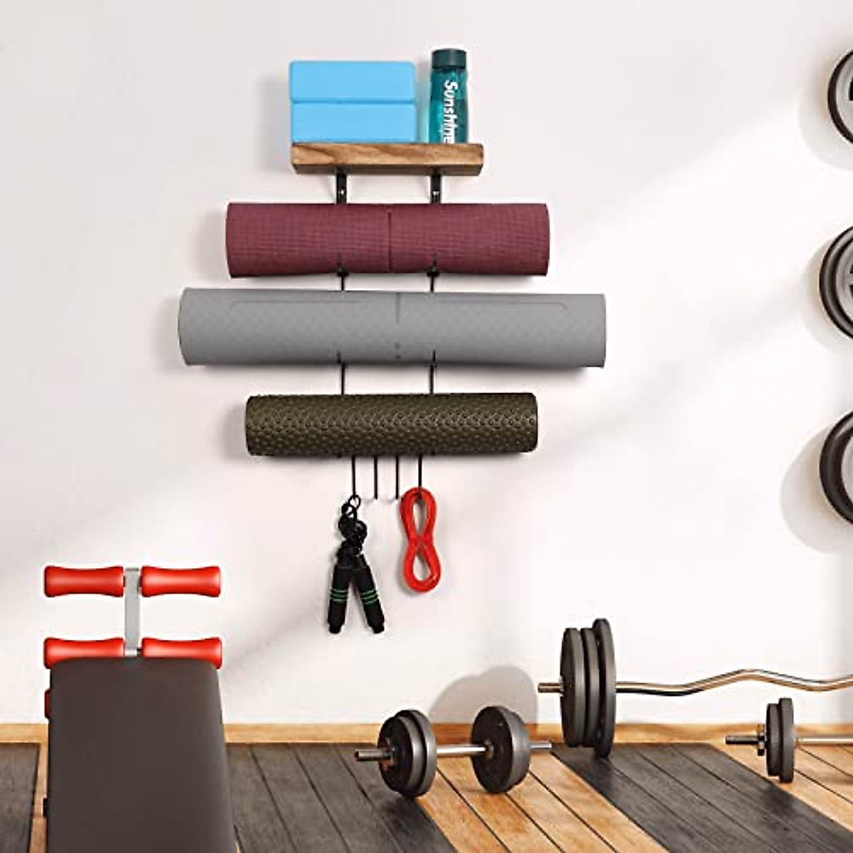 VINAEMO Yoga Mat Holder Accessories Wall Mount Organizer Storage Decor Foam Roller and Towel Storage Rack with 4 Hooks and Wooden Shelves Yoga Mats Rack Block Resistance Bands for Home Gym School