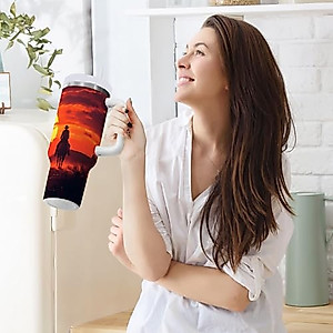 Jihqo Sunset Western Cowboys 40 oz Stainless Steel Vacuum Insulated Tumbler with Handle and Straw Lid, Leakproof Water Bottle Double Wall Travel Mug Coffee Cup, Cupholder Friendly