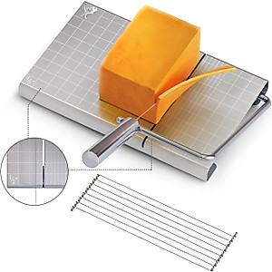 Cheese Slicer With Wire - Cheese Slicers for Block Cheese Incl. 8 Extra Wires with Accurate Size Scale On Cheese Slicer Board for Prices Cuts - Ideal Cheese Cutter with Wire for Charcuterie Boards