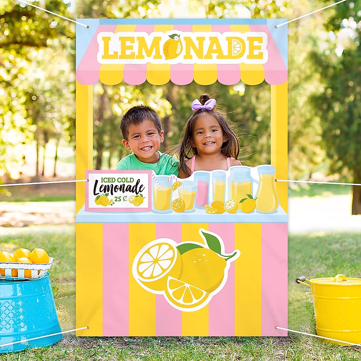 Vansolinne Lemon Party Supplies Lemonade Stand Backdrop Banner Lemon Photo Booth Props Decorations Fabric Selfie Frame Prop for Summer Birthday Bridal Baby Shower Supplies