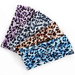 Acenail Leopard Boho Headbands Criss Cross Hair Bands Nonslip Elastic Headwrap Cloth Twist Hair Scarfs Yoga Headwear Workout Headpiece Stretch Hair Accessories for Women and Girls 4Pcs