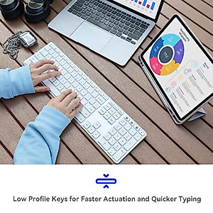 AUSDOM White Wireless Full Size Keyboard: Bluetooth Multi-Device USB Cordless Slim Quiet Keyboard with Numberpad, Rechargeable Noiseless Silent Universal Flat Keyboard for Mac iMac MacOS PC Computer