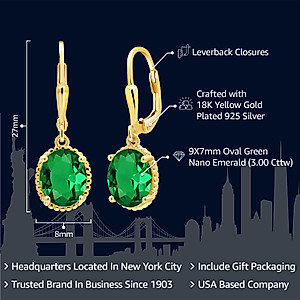 Gem Stone King 18K Yellow Gold Plated Silver Green Nano Emerald Leverback Dangle Earrings For Women (3.00 Cttw, Gemstone May Birthstone, Oval 9X7MM)