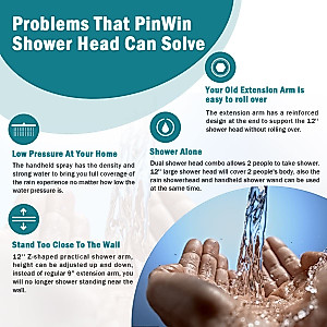 PinWin Shower Head, Upgraded Dual Rain Shower Head with Adjustable Extension Arm, 6-Setting Handheld Combo, Powerful High-Pressure Spray Against Low Pressure Water (12-Inch Showerhead Set, Chrome)