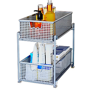 DecoBros 2 Tier Mesh Sliding Cabinet Basket Organizer Drawer,Silver