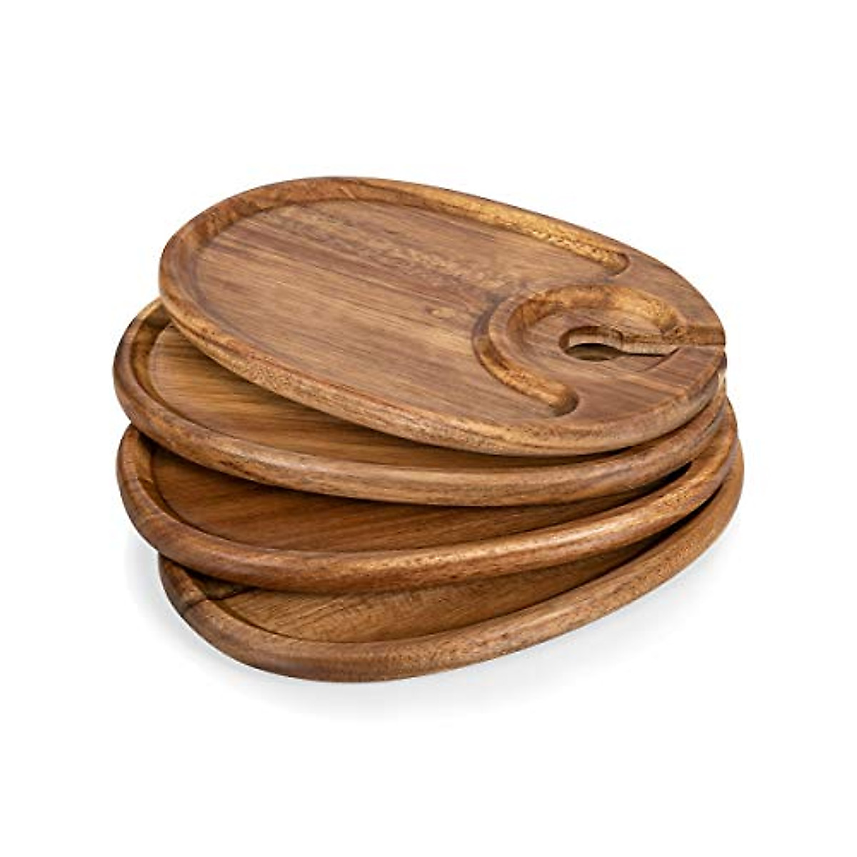 PICNIC TIME TOSCANA -Wine Appetizer Plates, Cocktail Plate with Glass Holder, Cheese Board with Wine Holder, (Acacia Wood), 9 x 6, Set of 4