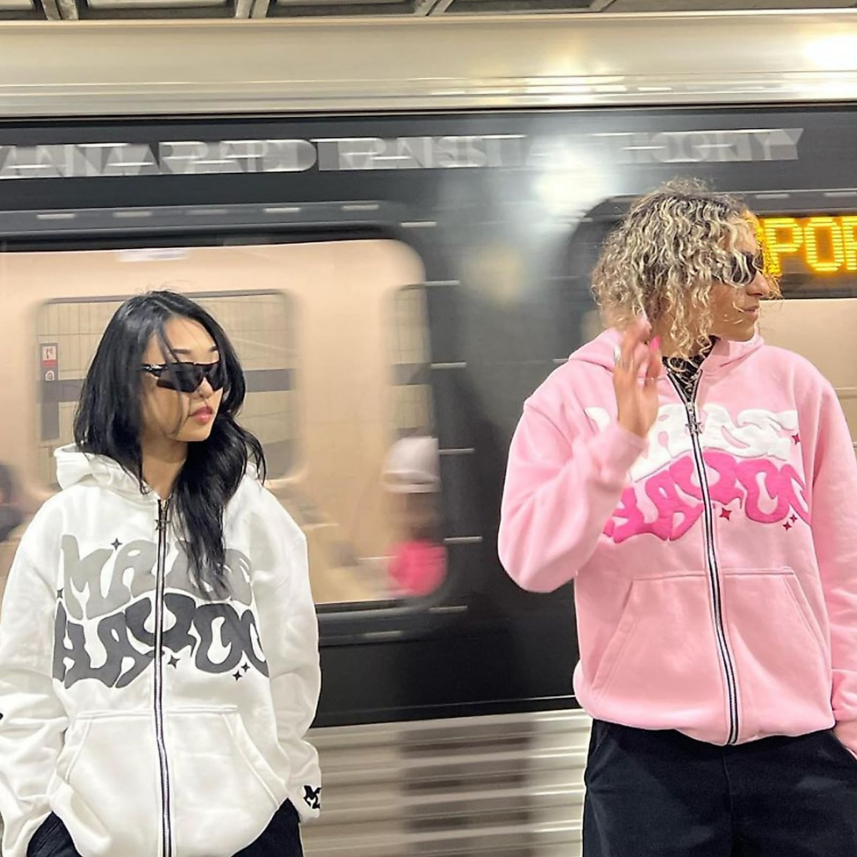 Amiblvowa Womens Men Star Designer Graphic Puff Print Hoodies Long Sleeve Zip Up Aesthetic Harajuku Jacket Sweater Y2k Streetwear Pink