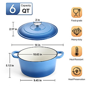 6 Quart Enameled Dutch Oven with Lid, P&P CHEF Cast Iron Dutch Oven Pot, Enamel Round Dutch Oven Cooking Pot for Braising, Stewing, Roasting, Baking, Various Stoves & Oven Safe, (Blue)