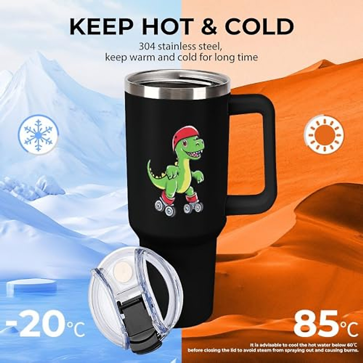Rollerskating Dinosaur Insulated Tumblers with Handle Stainless Steel Coffee Mug Funny Travel Cup with Lid Straw 40oz