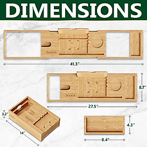 SereneLife Bathtub Tray - Expandable Bath Tray for Tub, Foldable Adjustable Bamboo Caddy with Non-Slip Handles, Device Holder and Wine Glass Slot for Bathing Luxury (Folding, Hard Back)