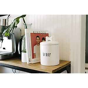 Creative Co-Op Farmhouse Ceramic Jar with "Woof" Message and Lid with Bone, White and Black