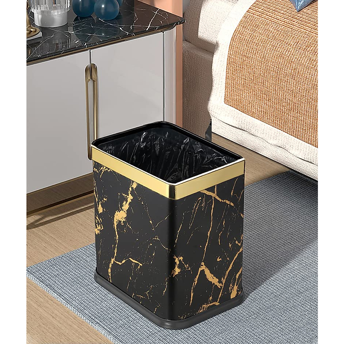 Huaqinglian Small Office Trash can Bedroom Wastebasket,Rectangle Slim Bathroom Kitchen Garbage can 2.6Gallon(Black Gold Marble)