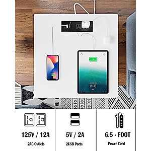 Roozmausy Nightstand with Charging Station LED Lights AC,White nightstand,Bedside Table with Drawer,Bedside Cupboard,Bedside Cabinets,Small Spaces Side End Table (White-2Drawer)