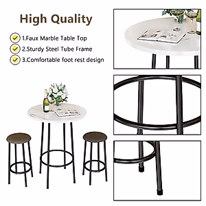 AWQM 3 Piece Pub Dining Set, Round Bistro Table and Chairs, Small Bar Table Set for Breakfast Nook, Kitchen, Apartment, Small Spaces - White