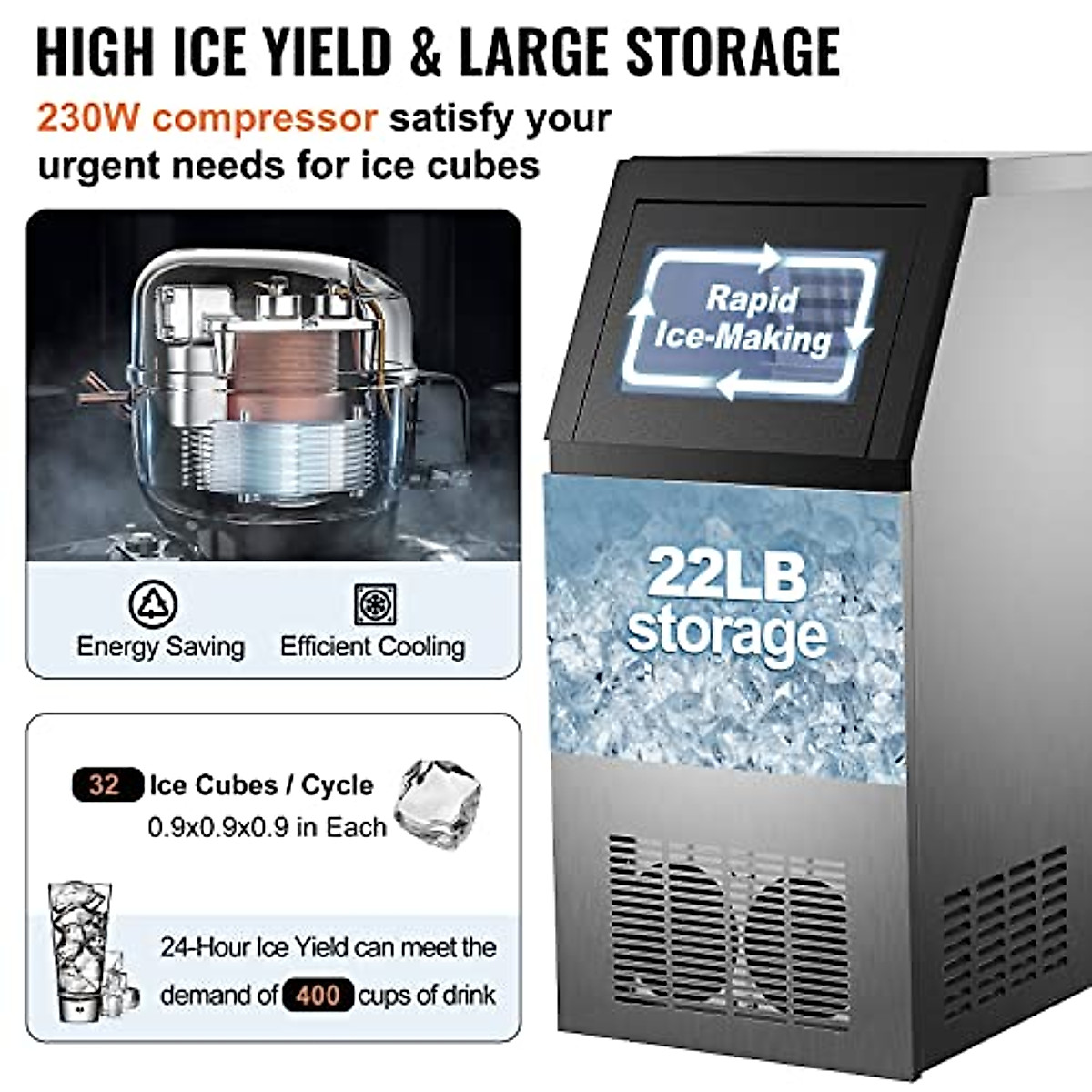 Happybuy Commercial Ice Maker Machine, 100 lbs/24h Stainless Steel Under Counter Ice Maker with 22lbs Storage Bin, 4x8 Cubes Ready in 15 Mins, Water Filter & Scoop Included, for Bar Office Coffee Shop