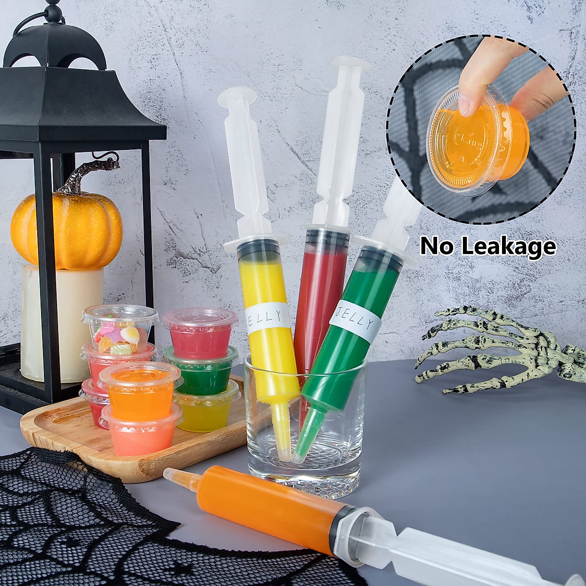 50 Pack Syringes Set Include 25 2 oz Syringes, 25 Cups with Lids for Vampire Zombie Halloween Party, Nurse Graduation Props(60 Lables, 2 Cleaning Brush)