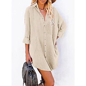Dokotoo Womens Oversized Dresses for Women Corduroy Long Sleeve Button Down Tunic Dress Tops for Women Casual Outfits Clothing 2024 Fall Trendy Beige XLarge