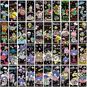 40 Card Rainbow Sparkle Scratch Painting Note, Hand-Eye Coordination Art&Crafts, Mini Magic Scratch DIY Graffiti Creative Bookmarks Gift for Kids&Adults, 8.5''x3.2'' (Canine Girl/Duckbill Baby Space)