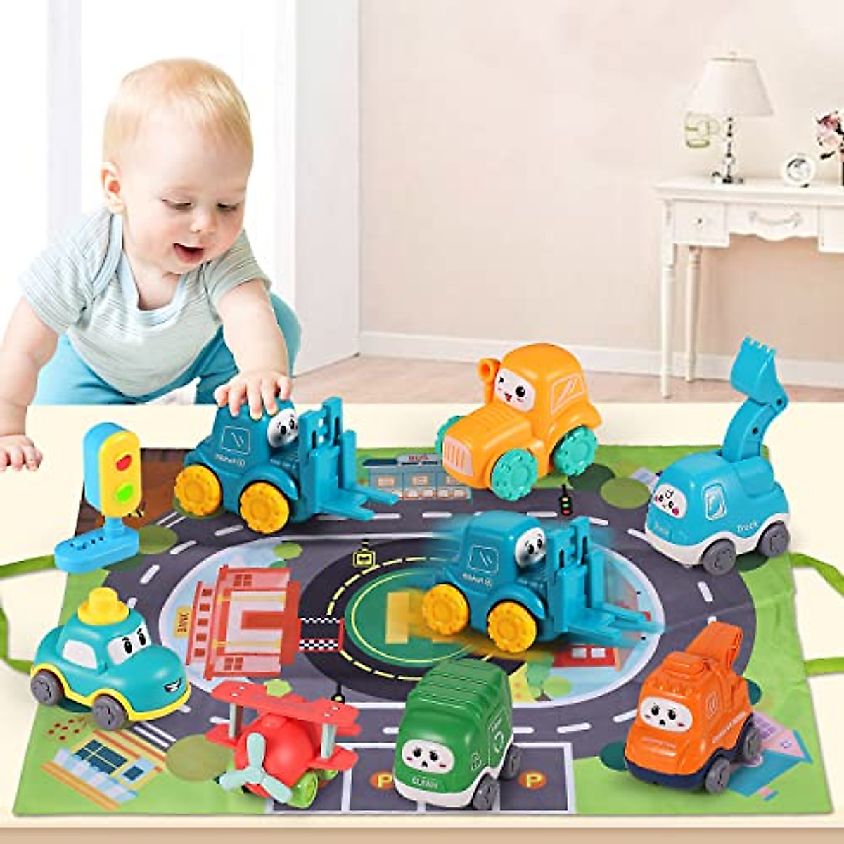 ALASOU Baby Truck Car Toy and Playmat Storage Bag(7 Sets)|Baby Toys 12-18 Months|Infant Toys for 1 2 3 Year Old boy Girl|1st Birthday Gifts for Toddler Toys Age 1-2