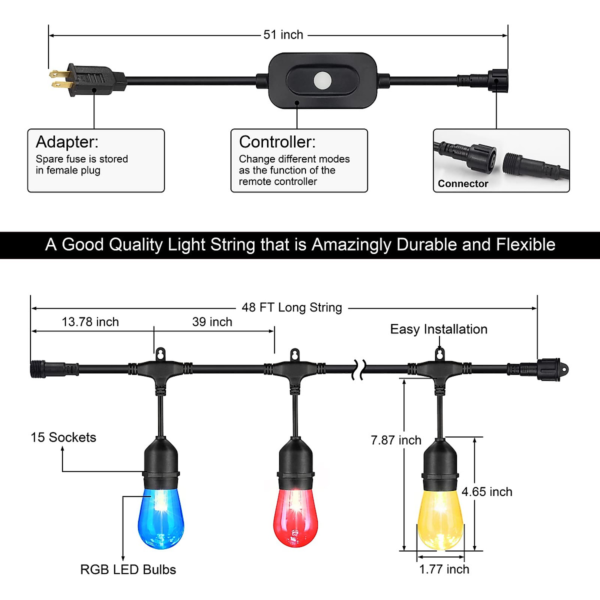 Mlambert 48FT Outdoor Patio Lights, RGB Cafe String Lights with 15 E26 S14 Shatterproof Edison Bulbs, Commercial Grade Dimmable String Lights for Bistro Backyard Garden, 2 Remote Controllers