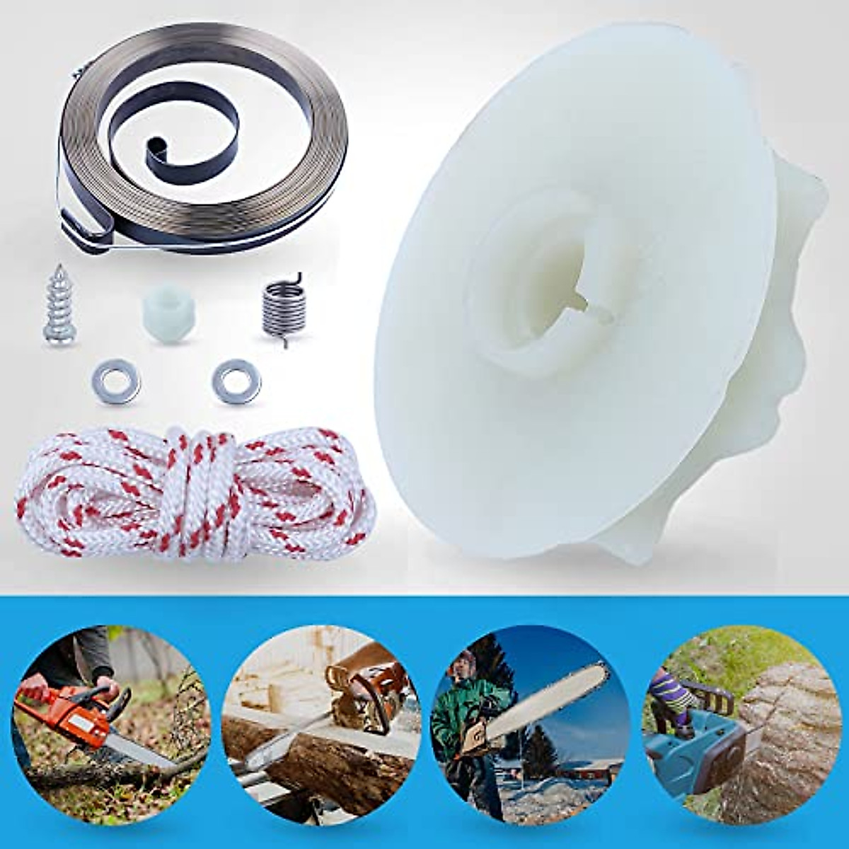 Adefol Chainsaw Recoil Starter Pulley Spring Kit for Poulan PP4218 PP4620AV PPB4018 SM4218AV with Recoil Spring W/Hub, Starter Rope, Bolt w/Washer Replacement Parts for 530071966