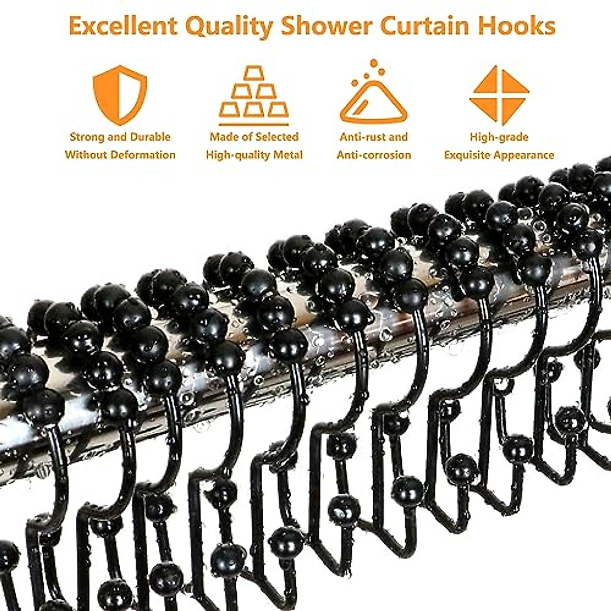Shower Curtain Hooks, Double Glide Shower Hooks Rings for Bathroom Shower Rods Curtain, RustProof Metal Curtain Rod Hangers - Set of 12, Matte Black