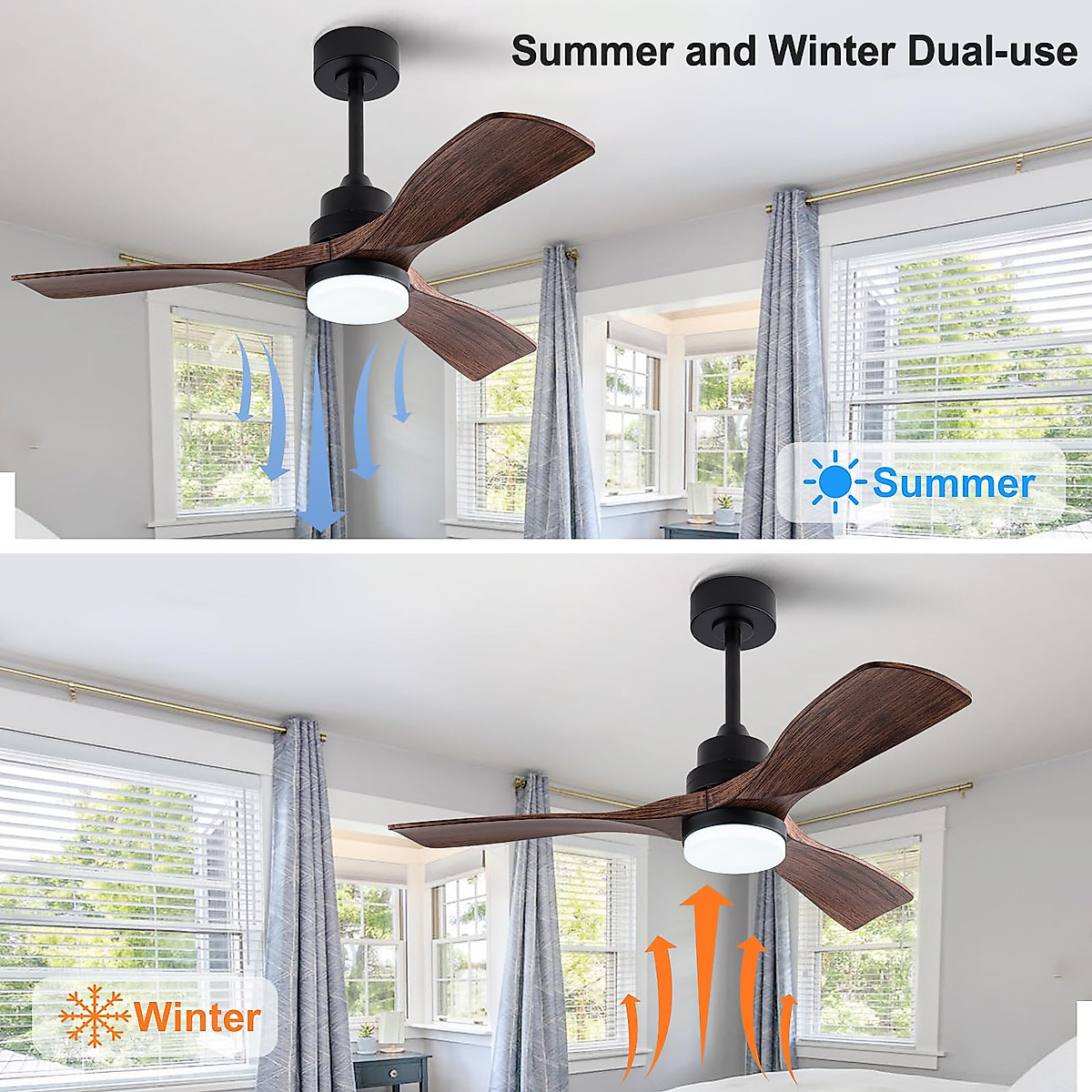 OMYU 42 Inch Ceiling Fan with Lights, ABS Blades 3 Color Temperatures and Quiet Reversible DC Motor, Modern Brown 42 Inch Ceiling Fans for Bedroom Living Room Study Office