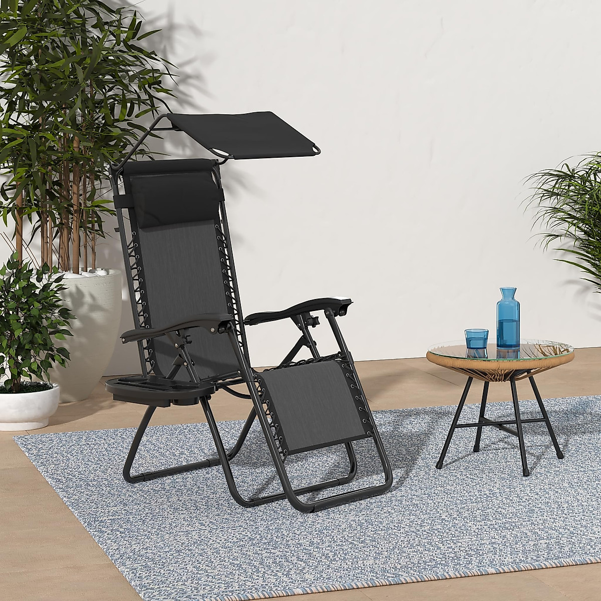 FDW 2 PCS Zero Gravity Chair Lounge Chairs Patio Chairs with Canopy Cup Holder for Outdoor Patio Seaside (Black)